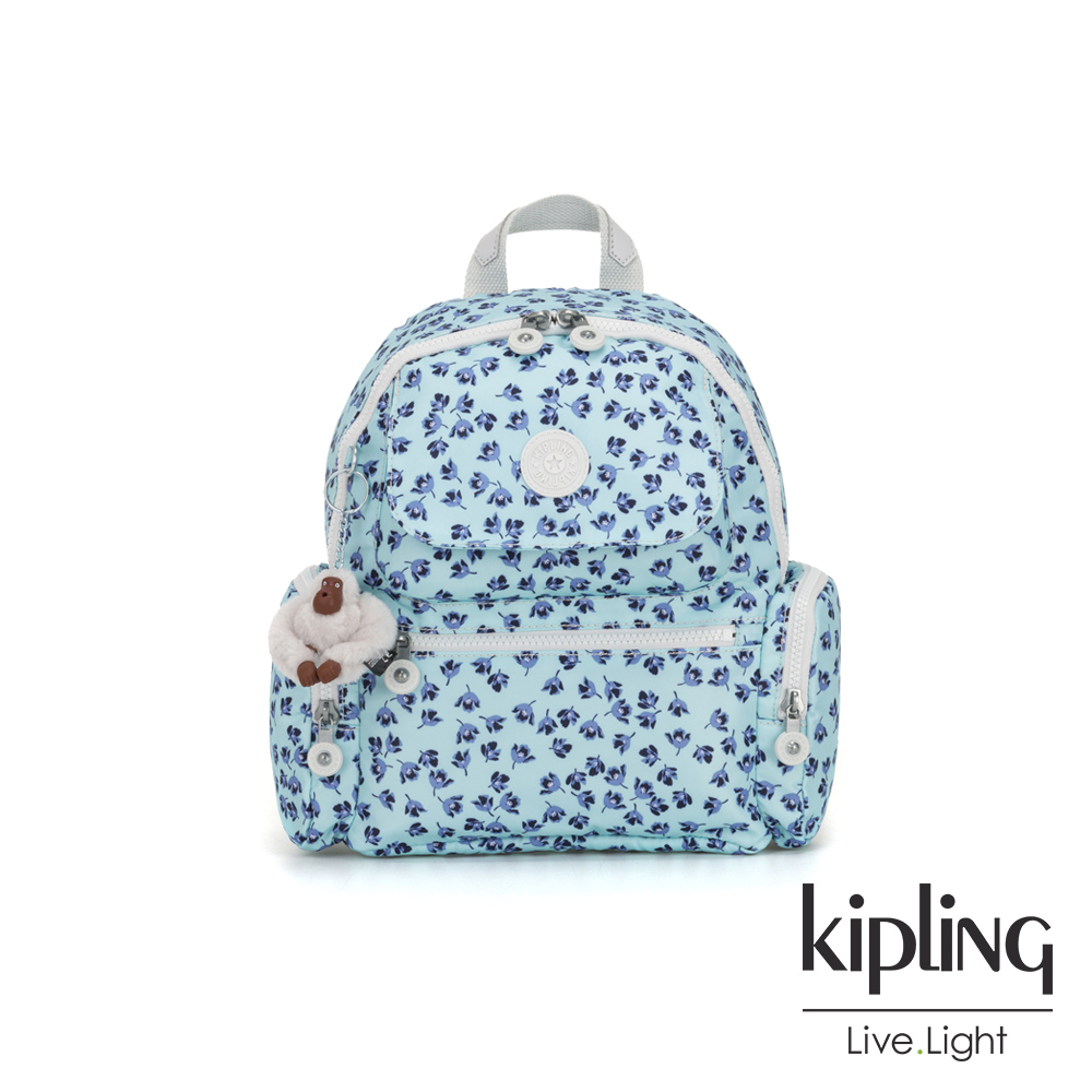 【KIPLING】典雅淡藍小花翻蓋多口袋拉鍊後背包-MATTA-momo購物網
